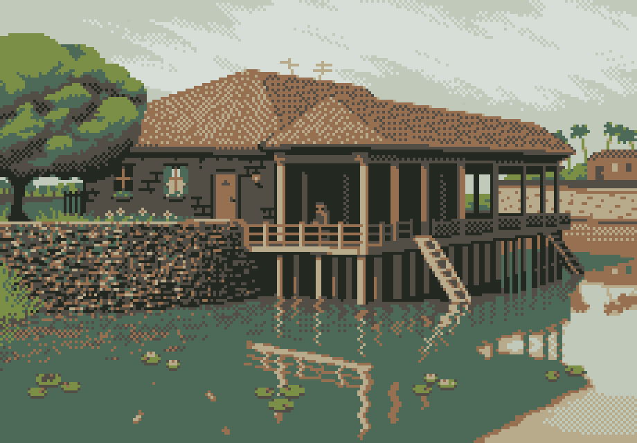 Serene Pixel Lakehouse: Animated Vintage Landscape