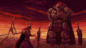 Elden Ring Epic Clash: Malenia vs. Radahn in Pixel Art GIF